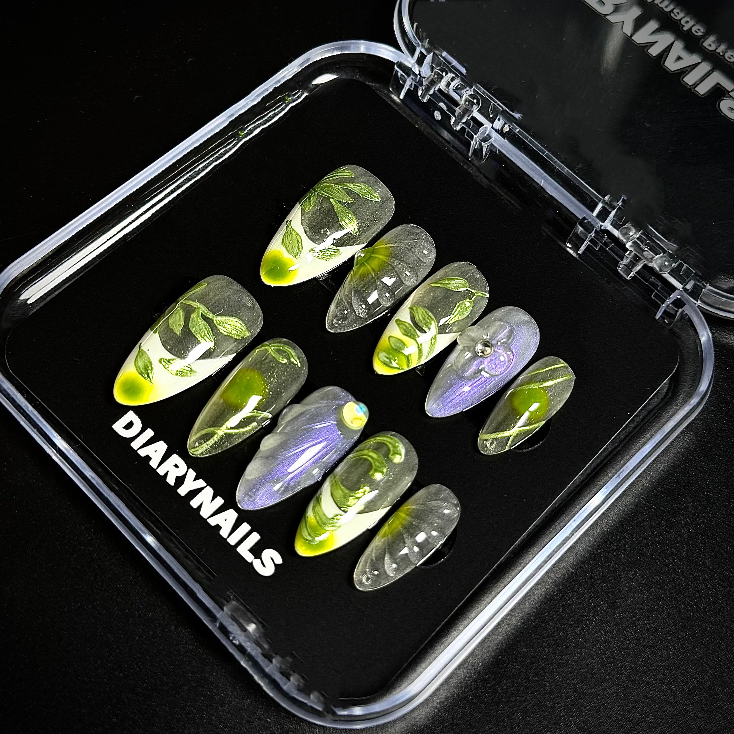 Sylvia（almond medium handmade 3D press on nails reusable green leaf ...